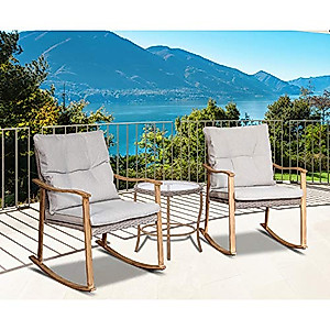AQUILLA 3 Pieces Rocking Chairs Table, 350lb Capacity Outdoor Patio Furniture Set Woodgrain w Grey Cushions and Round Glass Top Desk for Garden, Porch, Backyard