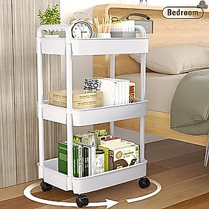 3 Tier Rolling Cart, Plastic Storage Cart, Multi-Functional Utility Cart Kitchen Storage Organizer,Mobile Shelving Unit Cart with Lockable Wheels for Bathroom,Laundry,Living Room,White
