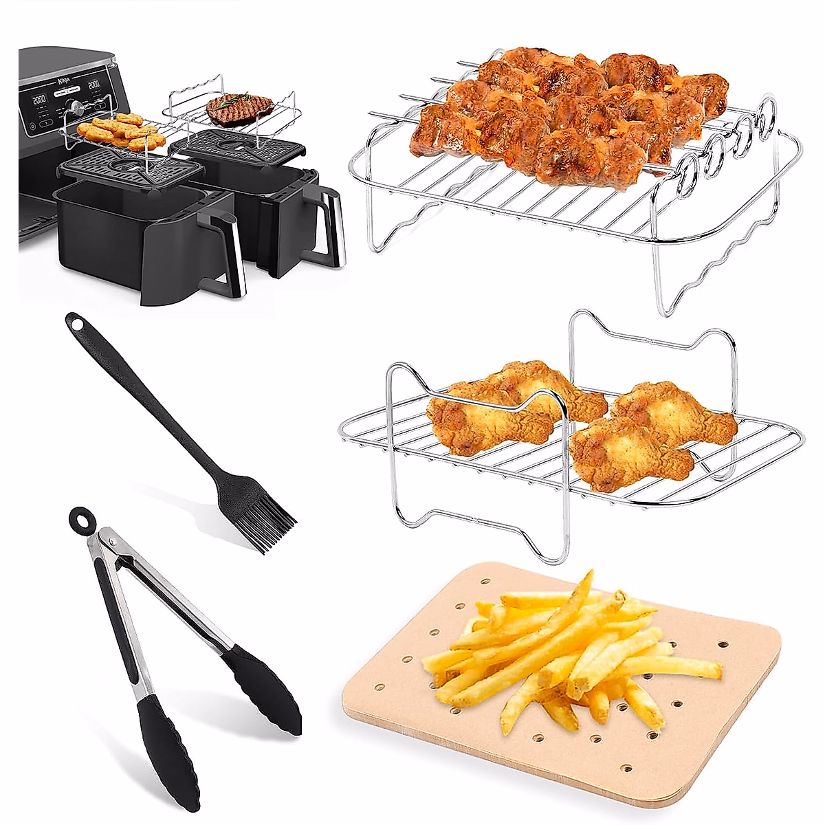 Dual Basket Air Fryer Accessories for Ninja Foodi DZ401 DZ550 DZ302 & Other 10 Quart 2-Basket DualZone Air Fryers, Come with Air Fryer Rack Set, 100Pcs Paper Liners, Silicone Brush & Tongs