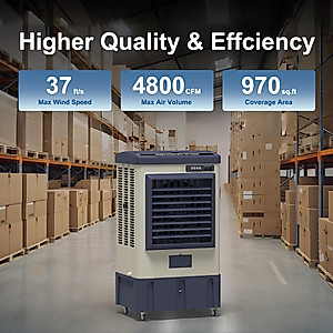 MEPTY 4800 CFM Portable Swamp Cooler, Evaporative Air Cooler with Continuous Auto Fill, Evaporative Cooler for Commercial, Industrial, Garage, Patio, Outdoor Use, 41Inch, 970sq.ft, Scroll Casters