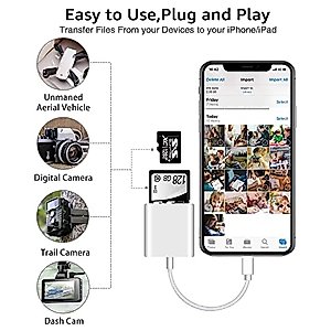 Sd Card Reader for iPhone iPad Camera,Dual Card Slot Memory Card Reader Supports SD and TF Card Trail Camera Viewer Sd Card Adapter Portable Micro Sd Card Reader No Application Required Plug and Play