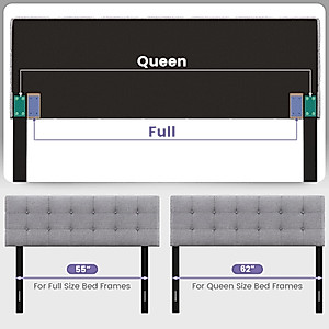 KOMFOTT Linen Upholstered Headboard for Full & Queen Size Bed Frame, Modern Tufted Button Bed Headboard with Solid Rubber Wood Legs, Rectangular Headboard with Adjustable Width, Gray