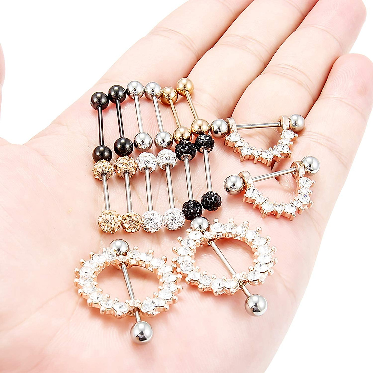 Lcolyoli 16Pcs 16G Surgical Steel Tongue Ring Nipple Shield Barbell Ring Bar Nipplerings Body Piercing Jewelry for Women Men Silver Black Rose Gold Dangle Nipple Rings Diamond CZ