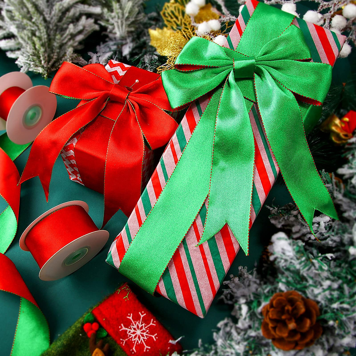 3 Rolls Christmas Ribbon 1.5 Inch 18 Yard Double Faced Ribbon Polyester Fabric Ribbon Roll for Christmas Tree Present Garland Bow Wreath Garland Wrapping Home Decoration (Green Red)