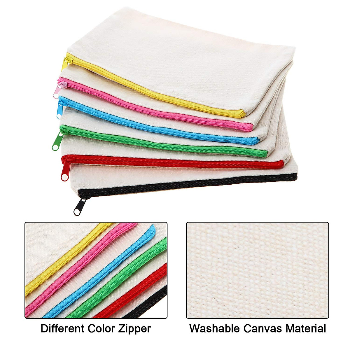 12 Pieces Multipurpose Canvas Cosmetic Bag Makeup Pouches with Zipper Canvas Bag Blank Makeup Bag Plain Pencil Pouch Travel Toiletry Bag for Women Girls DIY