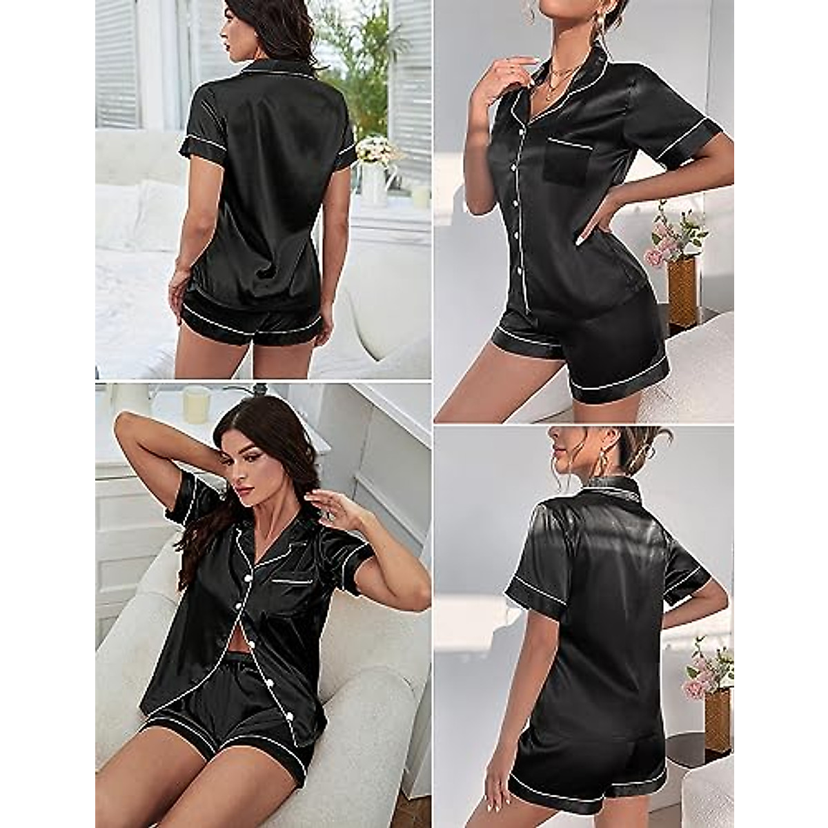 Gepansis Satin Pajama Set Women's Short Sleeve Sleepwear Soft Silk Button Down Loungewear Set Black Large