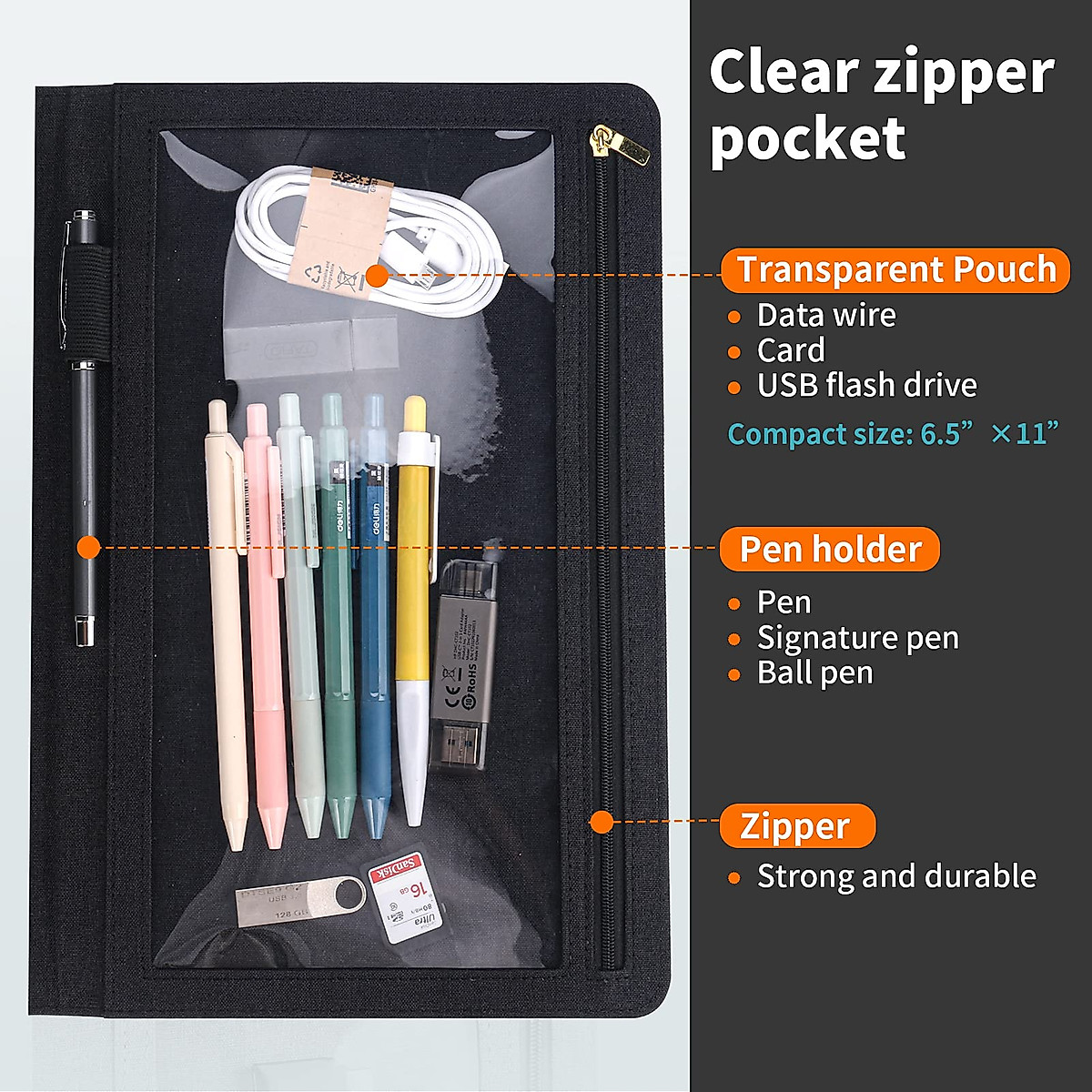 Trifold Cover for Rocketbook Fusion, Panda, Everlast, Letter Size, Multi A4 Size Notebook Case with Pen Loop, Waterproof Fabric, Zipper Pocket, Business Card Holder, 8.5" x 11"inch (Black)