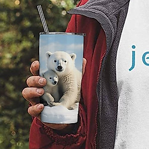 FHENMSA Stainless Steel Insulated Travel Coffee Mug,Cute Polar Bear Print Reusable Car Cup,Thermal Cup for Outdoor with Straw And Lid