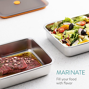 Navaris Stainless Steel Marinating Containers (Set of 2) - Metal Meat Marinade Container with Lid - Dishwasher Safe Food Storage 9.3" x 7.5" x 2.2"