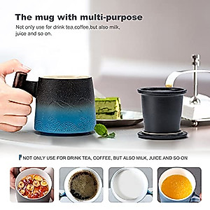 suyika Ceramic Tea Cup with Infuser and Lid Tea Mugs Wooden Handle for Steeping Loose Leaf Tea 400ml, 13.5 oz, Gradient Navy Blue & Black