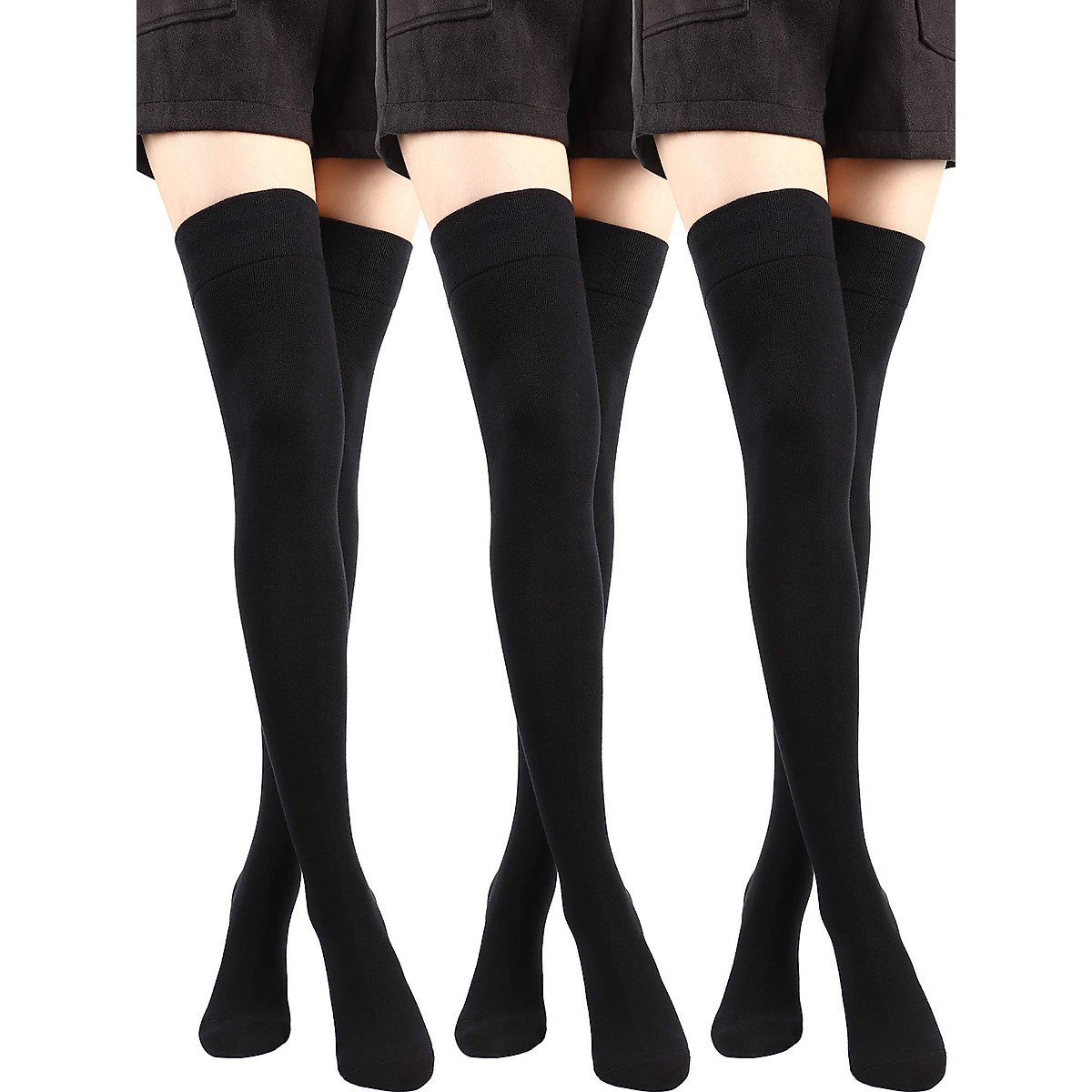 SATINIOR 3 Pairs Thigh High Socks Cotton Over Knee Socks Knit Long Boot Stocking, Black, Medium