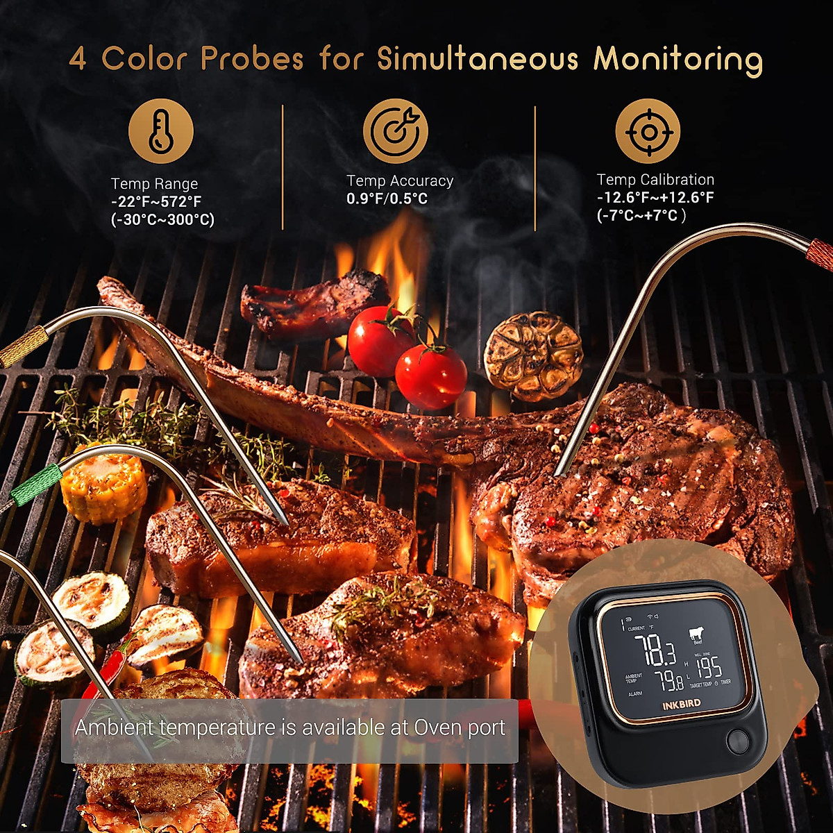 Inkbird Grill Bluetooth BBQ Thermometer Wireless IBT-6XS, 6 Probes Digital Smoker Grill Thermometer for Cooking,150ft Bluetooth Meat Thermometer, Magnet, Timer, Alarm for Kitchen, Food (Red)