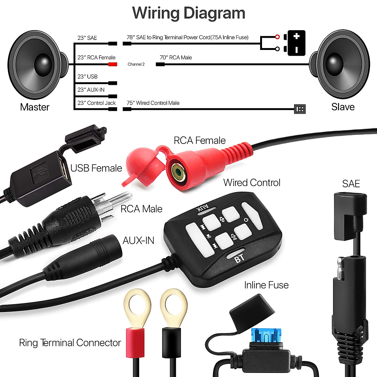 GoHawk AN4-X All-in-One Built-in Amplifier 4.5" Full Range Waterproof Bluetooth Motorcycle Stereo Speakers Audio Amp System, 1 to 1-1/4" Ape-Hanger Handlebar Harley Custom Touring Cruiser Chrome