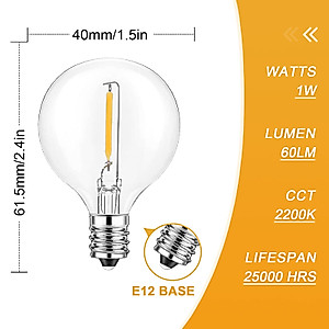 Jslinter 25Pack G40 LED String Light Bulbs Replacement, 1W(11W Equivalent), 60LM, 2200K Warm White, Shatterproof, E12 Screw Base, Vintage Edison Bulbs for Patio Garden