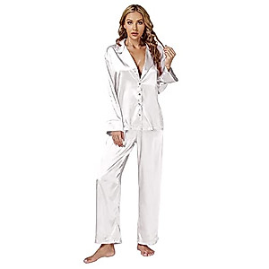 LYANER Women's Satin Silky Pajama Set Long Sleeeve Top With Long Pants Set PJ Loungewear White Small