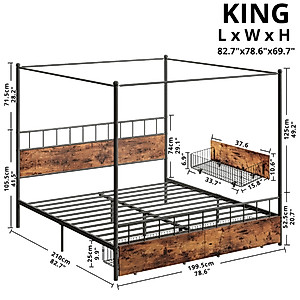 LIKIMIO Canopy Bed Frame King with Wooden Headboard and Drawer, King Size Bed Frame with 4 Removable Sturdy Posts, Noise Free, No Box Spring Needed, Vintage Brown