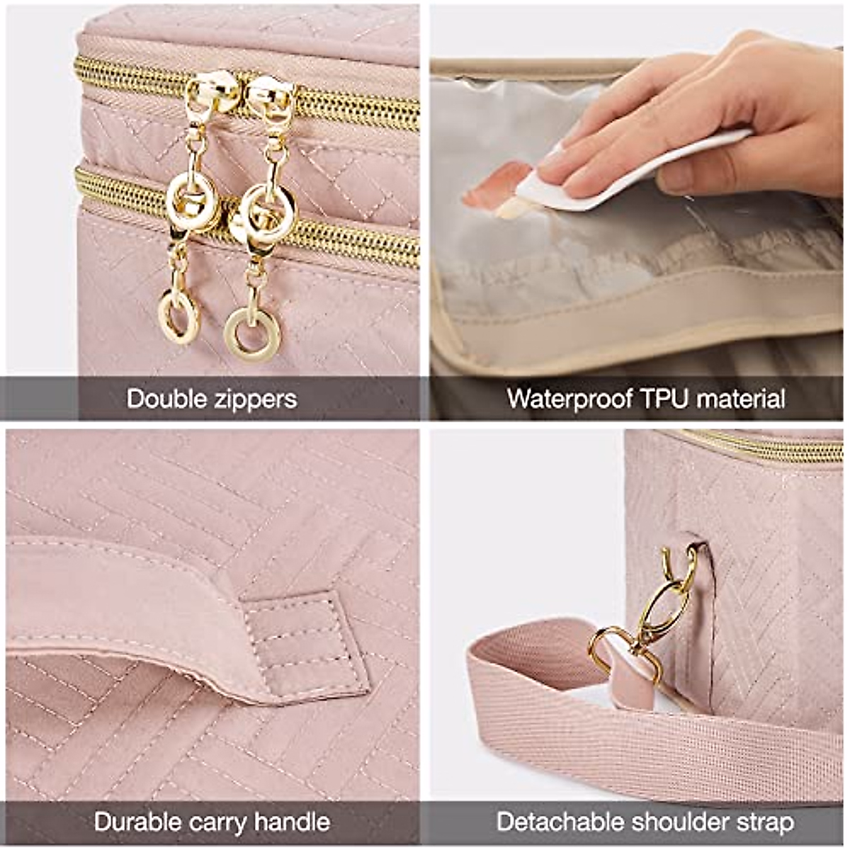 BAGSMART Medium Makeup Bag, Double Layer Large Cosmetic Makeup Organizer Travel Makeup Train Case with Shoulder Strap for Cosmetics Makeup Brushes Toiletries Travel Accessories (Pink)