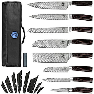 XYJ Professional Kitchen Knife Set Vein Pattern 8" 7" 5" 3.5" Chef Knives Set With Carry Case Bag & Sheath 8 Pieces Cooking Knife Tools (Coffee)