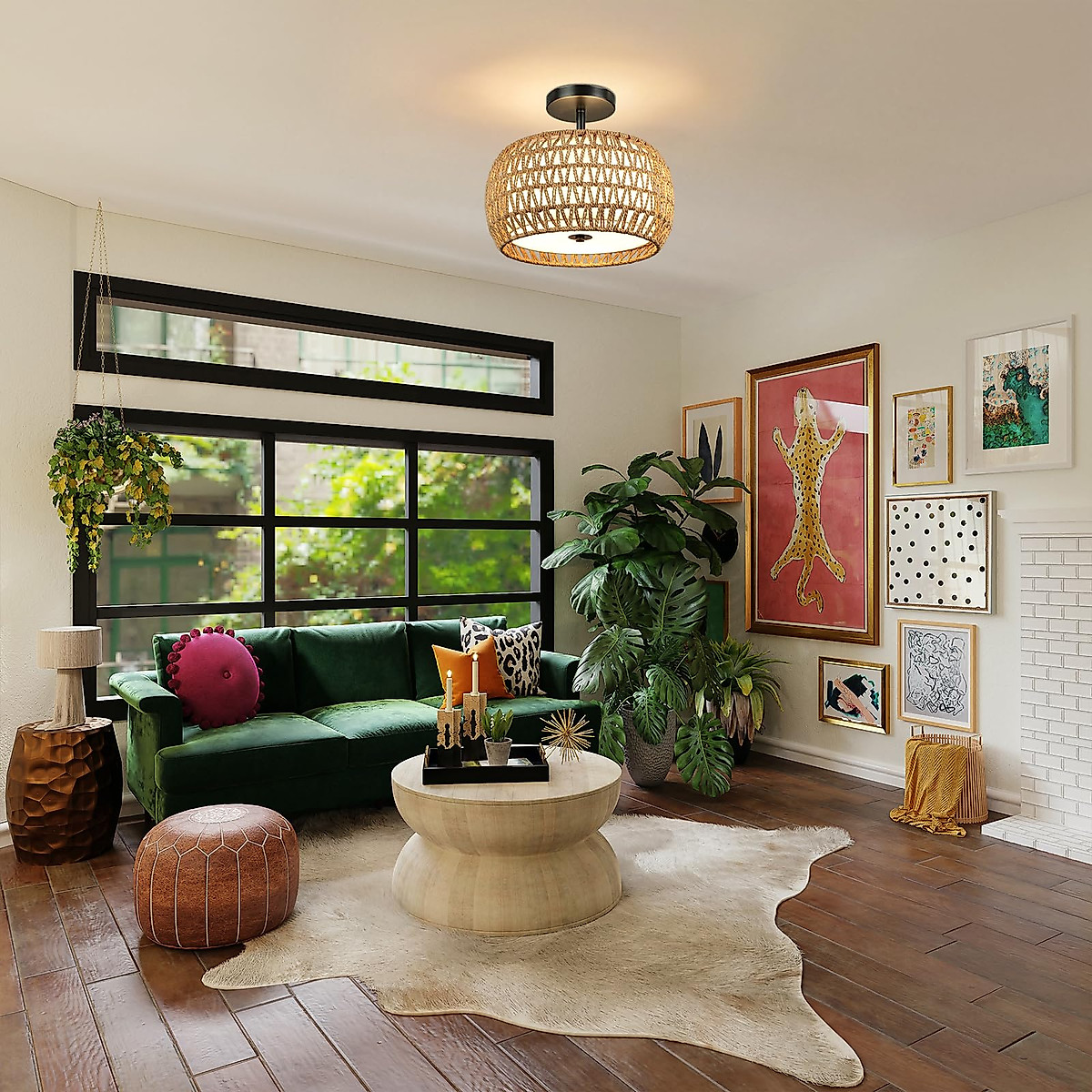 FRIDEKO HOME 3-Light Semi Flush Mount Ceiling Light - Woven Rattan Light Fixtures Ceiling Mount Boho Light Fixture with Fabric Shade Ceiling Light Fixture for Bedroom Kitchen Hallway Dining Room