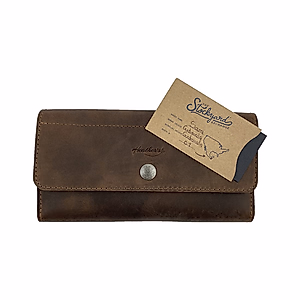 Heather's, Minimalist Tri Fold Folio Wallet for Women, Card Saver, Stylish Organizer with Button Closure and Zipper Coin Pocket, Full Grain Leather, Handmade, Bourbon Brown