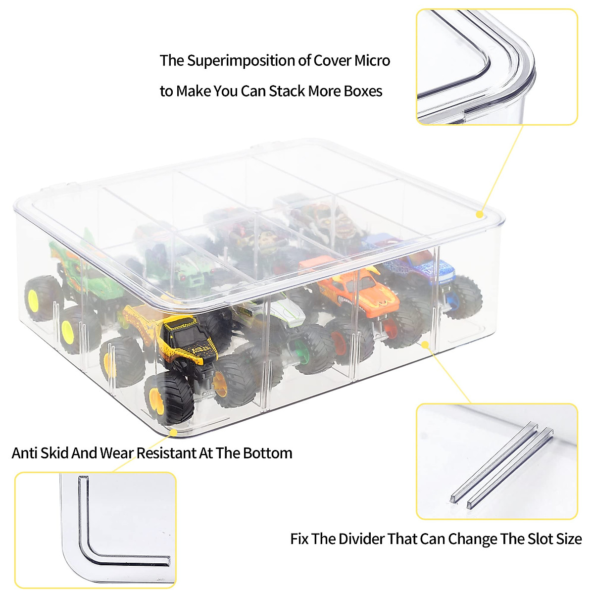 8 Slots Acrylic Toy Cars Display Case Fit for Monster Jam Trucks, Transparent Display Storage Case Holds 8 Monster Jam Truncks, Large Slots Toy Trucks Storage with Detachable Dividers