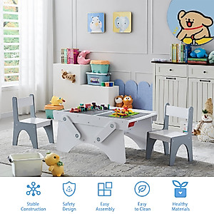 IFBUY 35" Wide Toddler Table and 2 Chairs Set with Storage Drawer, Kids Wooden Activity Desk for Ages 3-10, Compatible with Most Building Blocks, for Boys and Girls, Light Grey
