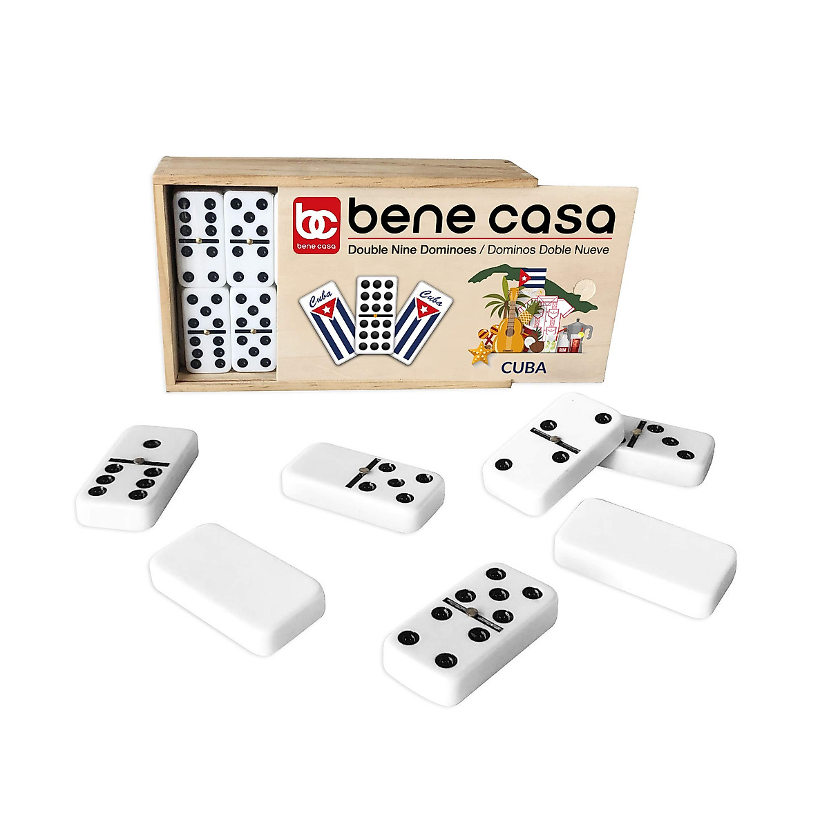 Bene Casa - Cuban Flag Double Nines Dominoes Set - 2-10 Players - Wooden Box with 55 Dominos