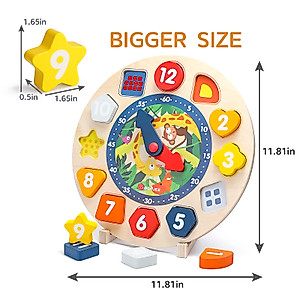 Dorjee Shape Sorter Teaching Clock, Learning Time Clock for Kids , Montessori Toys with 12pcs Removable Number Blocks, Display Holder Included