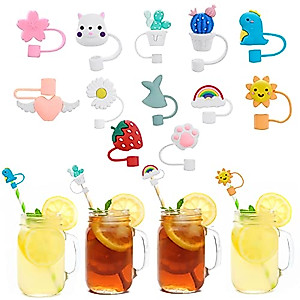 Lusofie 12Pcs Silicone Straw Tips Cover Reusable Straw Caps Portable Cartoon Straw Topper Dust Proof Straw Plugs for 6-8 mm Straws Outdoor Home Kitchen Party Decor