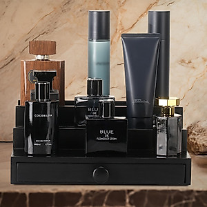 Black Wooden Cologne Organizer for Men - 3 Tier Wooden Perfume Display Stand with Drawer and Hidden Compartment for Organizing and Storing, Cologne Holder Shelf for Dresser