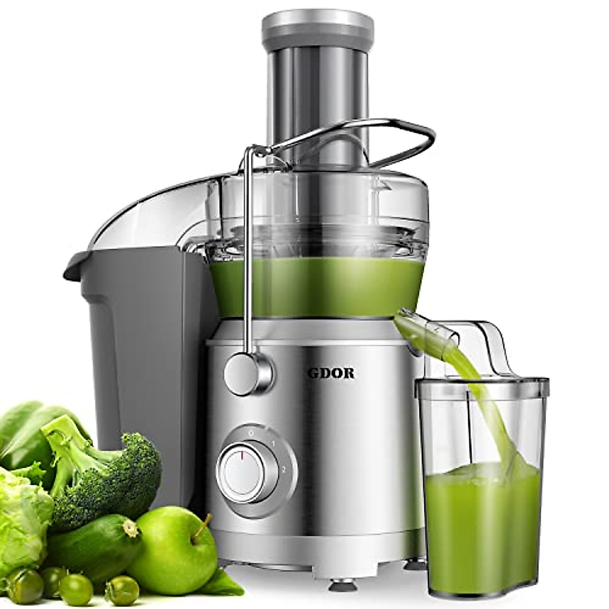 1300W GDOR Juicer with Larger 3.2” Feed Chute for Whole Fruits and Veggies, Titanium Enhanced Cut Disc, Full Copper Motor Heavy Duty Centrifugal Juice Extractor Machines, Dual Speeds, BPA-Free, Silver