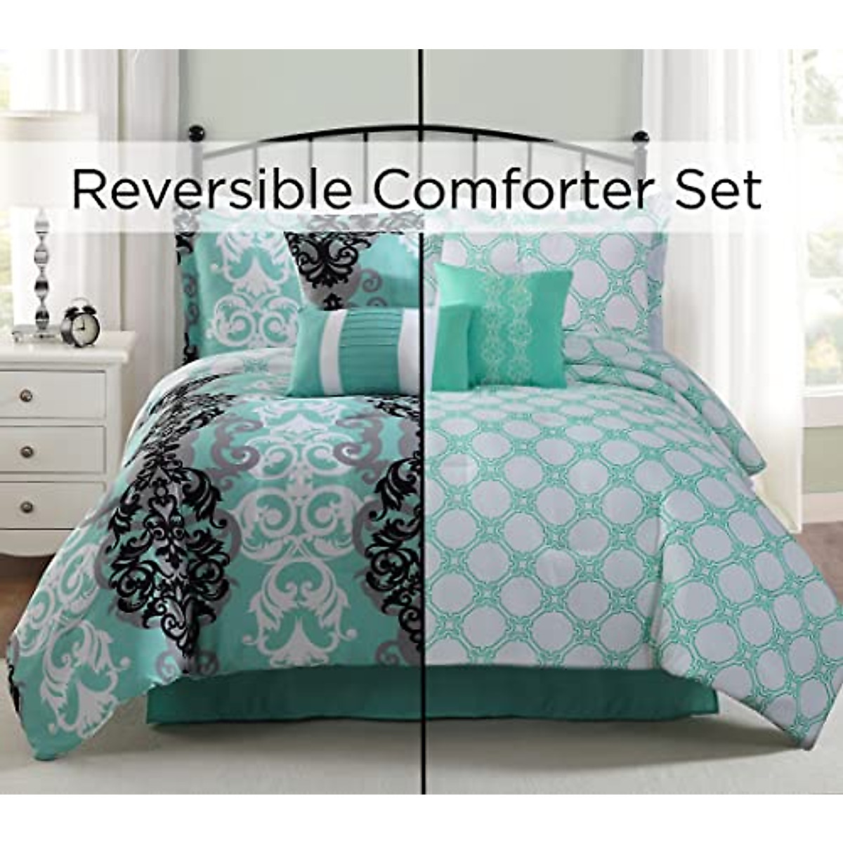 Carmela Home – Comforter Set, Downton, Full/Queen, 7-Piece Set Includes 1 Comforter, 1 Sham, 4 Pillows, & 1 Bed Skirt, 100% Polyester, Reversible & Lightweight, Contemporary Turquoise, Aqua