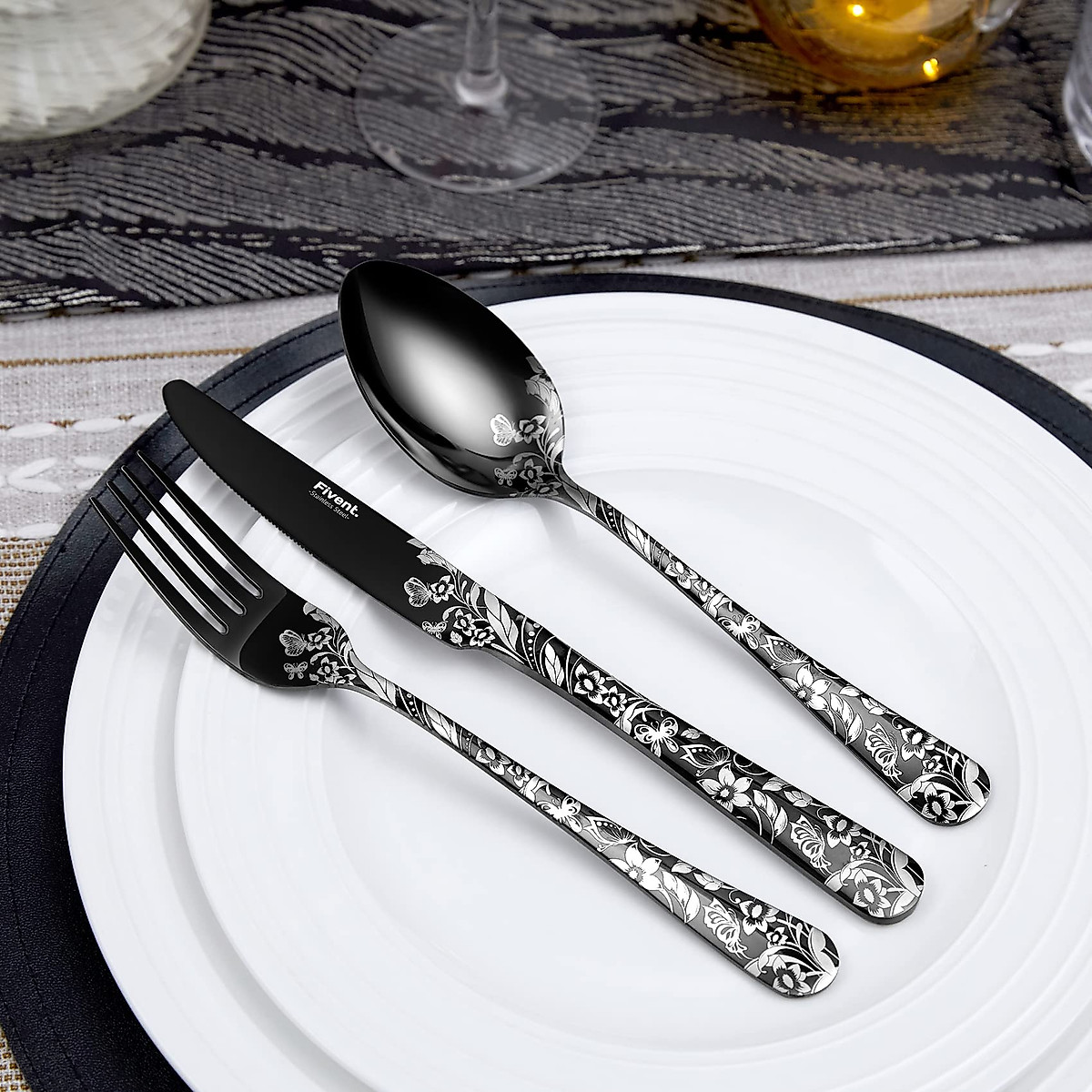 Fivent Halloween Black Cutlery Set - 20 pcs - Includes 8 x Spoons, 8 x Forks, 4 x Knife - Stainless Steel, Dishwasher Safe, Mirror Polished Tableware - Durable Flatware - Home Kitchen…