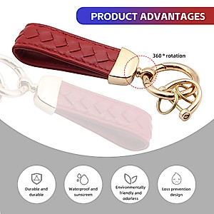 NTNEV Genuine Leather Car Keychain, Universal Car Key FOB Keychain, handmade knitted car key chain, 360 Degree Rotating with Anti-Lost D-Ring, 2 Key Rings and 1 Screwdriver, Unisex-Red