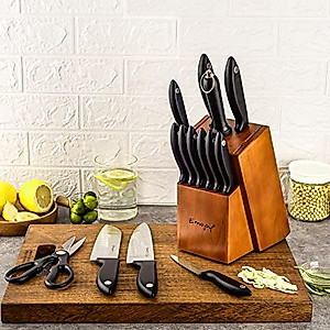 Knife Set 15-Piece Kitchen Knife Set with Sharpener Wooden Block and Serrated Steak Knives,Emojoy Germany High Carbon Stainless Steel Knife Block Set,Black