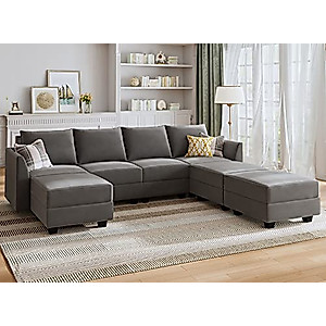 HONBAY Modular Sectional Sofa Velvet U Shaped Couch with Ottomans Convertible Sectional Couch 7 Seater Sofa with Storage Seat, Grey