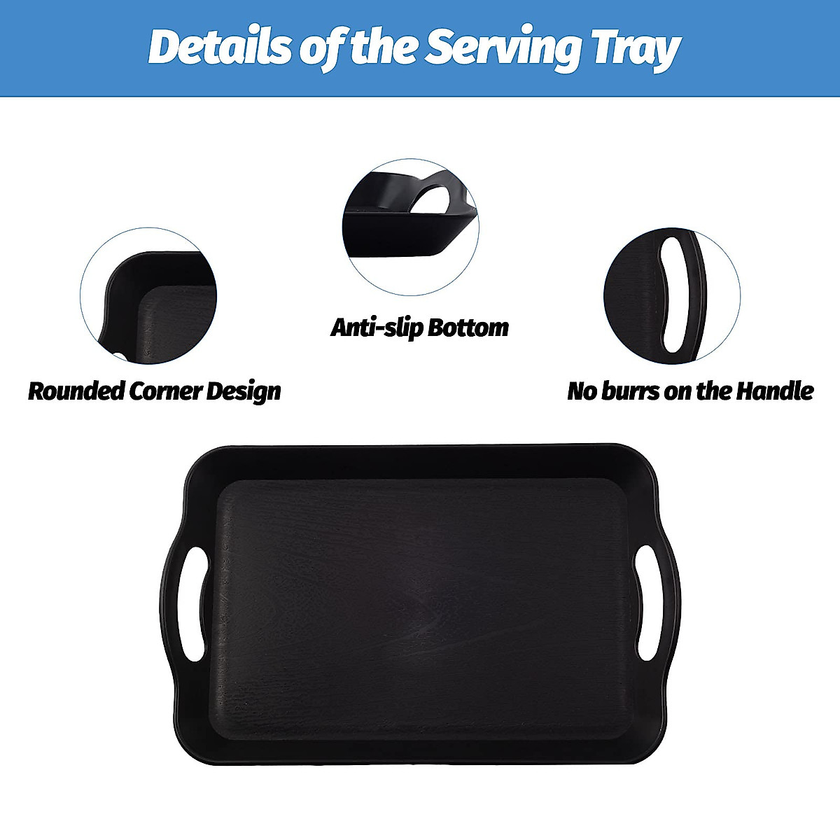 LEEHOWA 3 Pack 14 inches Plastic Tray with Handles Rectangle Serving Set, Multipurpose Waterproof, Non Slip Trays for Food, Parties, Coffee Table, Buffets, Breakfast(Black Wood Grain)