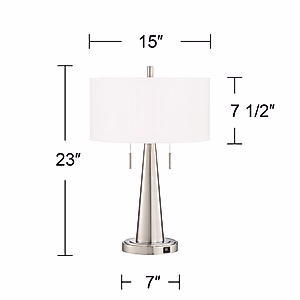 Possini Euro Design Vicki Modern Accent Table Lamps 23" High Set of 2 with USB Charging Port Brushed Nickel Gray Faux Silk Drum Shade for Living Room Desk Bedroom House Bedside Nightstand Home