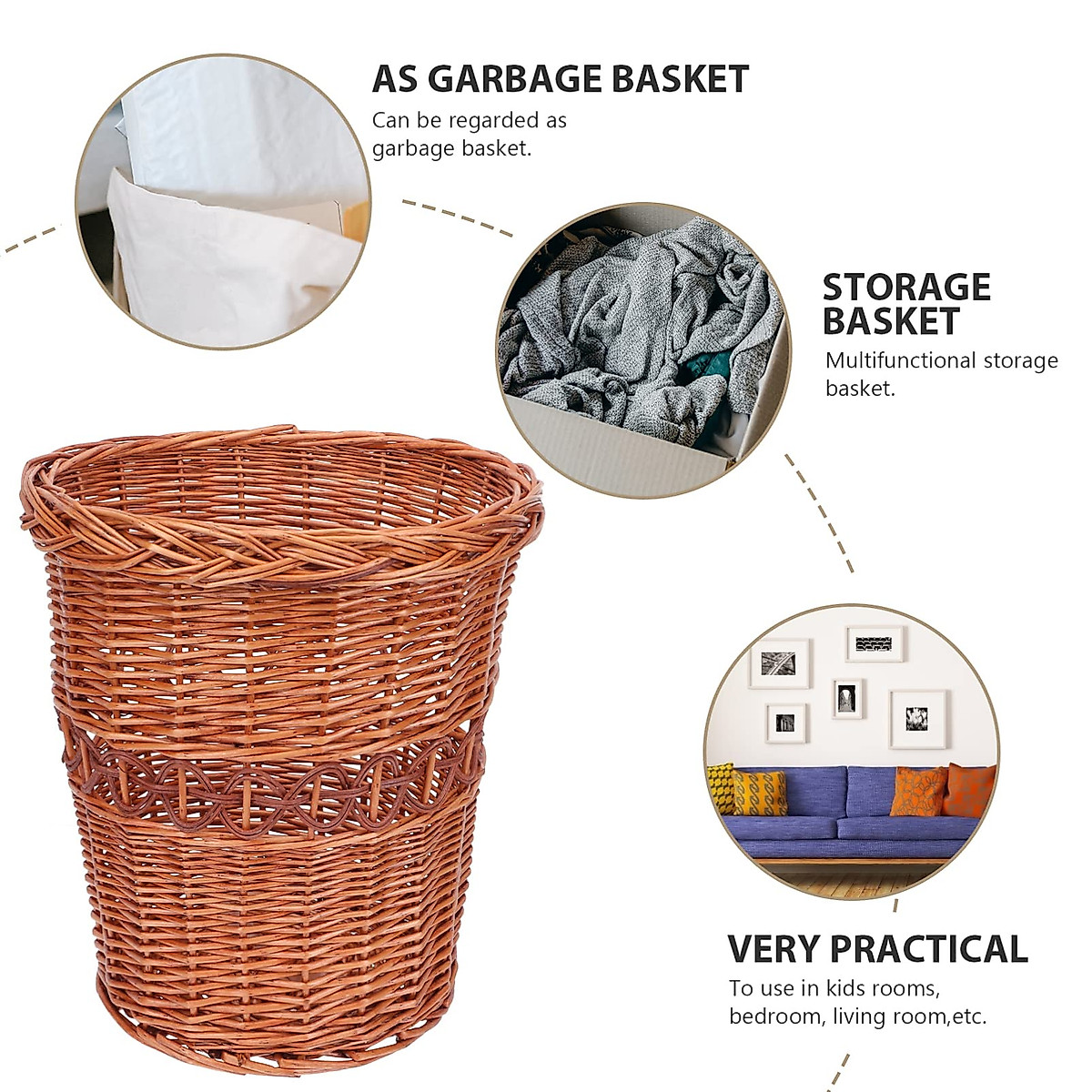 DOITOOL Portable Woven Basket Trash Can Decorative Sundries Container Basket Small Wastebasket Woven Storage Baskets for Bedroom, Bathroom, Utility Rooms, Garages (10 x 11 x 7 inch)