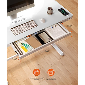 FitStand Standing Desk with Glass Desk Top, 48 Inches Height Adjustable Desk with Drawer,Electric Home Office Desk with USB Charge Ports& Child Lock, Stand Up Computer Desk