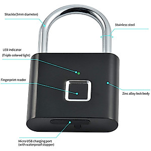 LANDYE Fingerprint Padlock, Smart Padlock, Waterproof Small Portable Padlock, Locker Lock, USB Rechargeable Smart Lock, Suitable for Lockers, Luggage, Gym, Backpacks, Bicycles (Black)