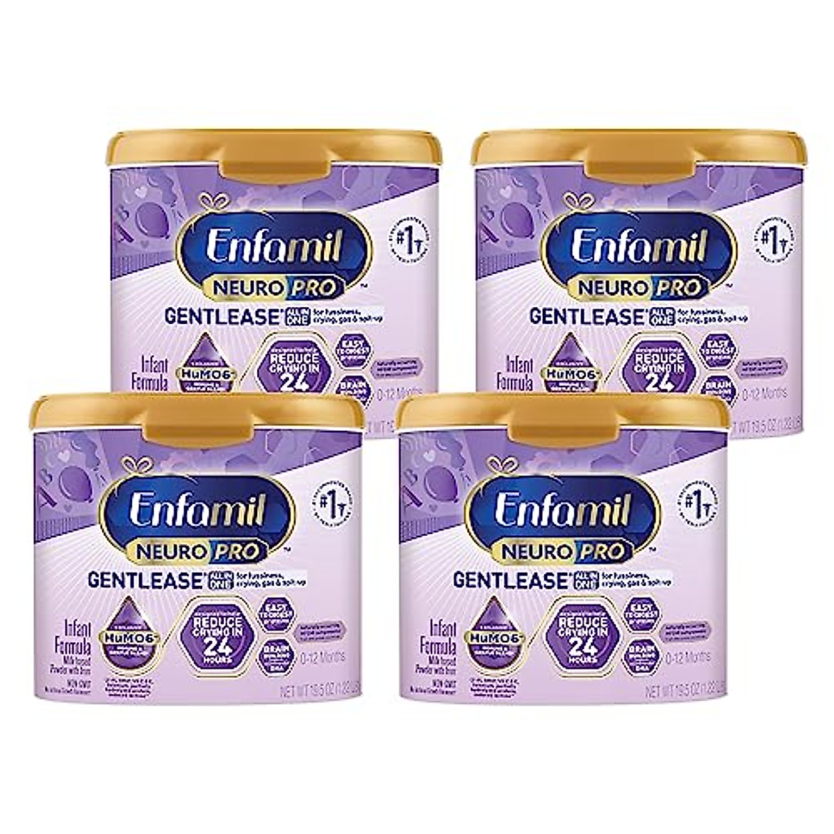 Enfamil NeuroPro Gentlease Baby Formula, Infant Formula Nutrition, Brain and Immune Support with DHA, Proven to Reduce Fussiness, Crying, Gas and Spit-up in 24 Hours, Reusable Tub, 19.5 Oz, 4 Count
