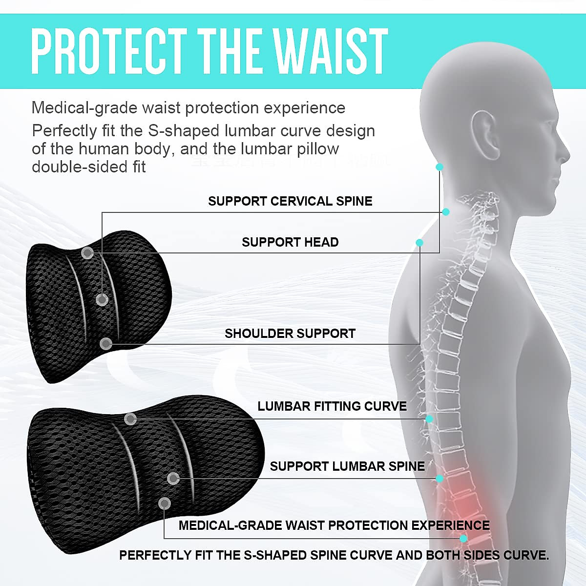 Tengyue Lumbar Support Pillow - Ergonomic Design for Office Chair, Car, and Home - Relieve Back Pain & Improve Posture - (Black)