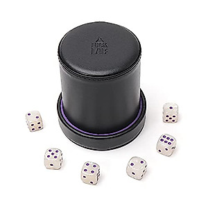 Luck Lab Leather Dice Cup with Lid Including 6 Matching White Pearl and Purple Dice - Purple Velvet Interior for Quiet Shaking - Use for Liars Dice Farkle Yahtzee Board Games, Black