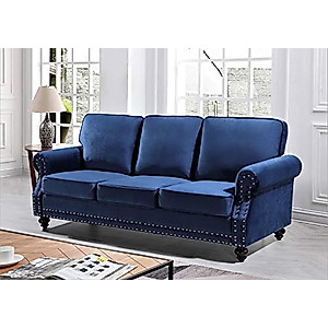 Container Furniture Direct Lotus Mid Century Modern Velvet Upholstered Living Room Rolled Arms, Sofa, Cobalt Blue