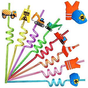 24 PCS Construction Drinking Straws Reusable Excavator Bulldozer Blender Truck Plastic Beverages Cocktail Straw with Cartoon Decoration for Kids Construction Party Supplies Favors, 8 Styles