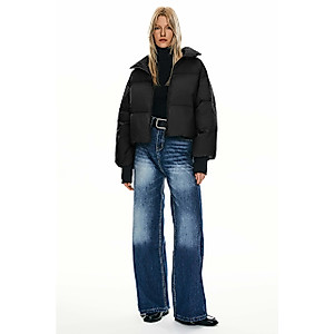 Orolay Women's Winter Oversized Cropped Puffer Jacket Zip Up Short Down Coat Stand Collar Baggy Overcoat Black X-Small