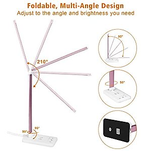 Desk Lamp with Wireless Charger, Eye-Caring LED Desk Lamps for Home Office Table, Touch Control Dimmable Reading Task Lamp, 5 Lighting Modes, USB Charging Port, Desk Light Lamp with Alarm Clock, Pink