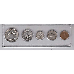 1958 Birth Year Coin Set (5) Coins - Half dollar, Quarter, Dime, Nickel, and Cent All Dated 1958 and Encased in Plastic Display Case Fine