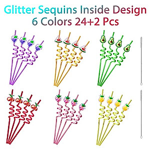 24 Glitter Fruit Party Supplies Drinking Straws Peach Grape Pineapple Cherry Watermelon Avocado Shape Design for Tutti Frutti Birthday Tropical Party Favors with 2 Straws Cleaning Brush